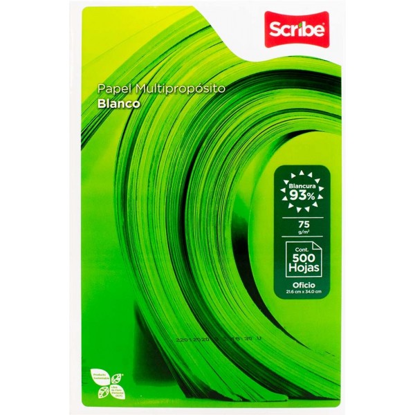 Paquete de Papel Tamaño Oficio Scribe Verde 93% Blancura con 500 Hojas ...